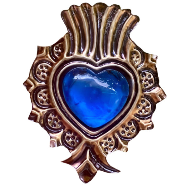 Lux Mexican Tin Heart with Shiny Gemstone in Centre Handmade with Magn ...