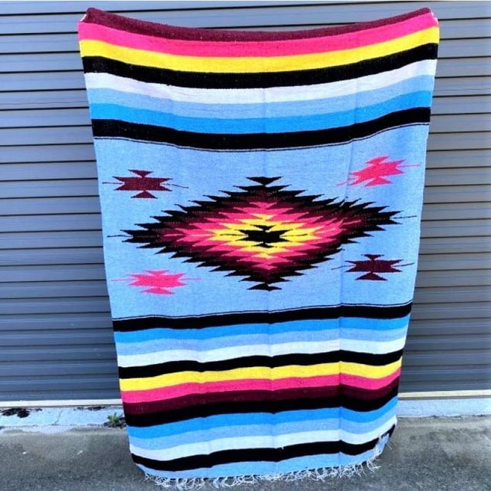 Mexican Floor Rug Aztec design Multicoloured: Light Blue Yoga Blanket ...